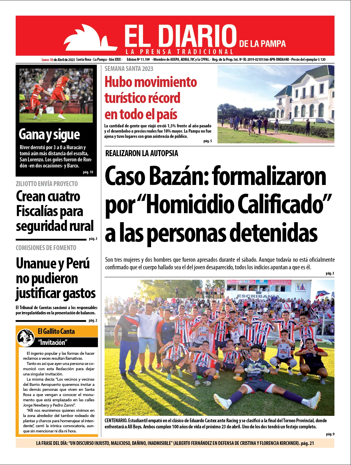 Tapa de El Diario en papel lunes 10 de abril de 2023 :: El Diario de La ...