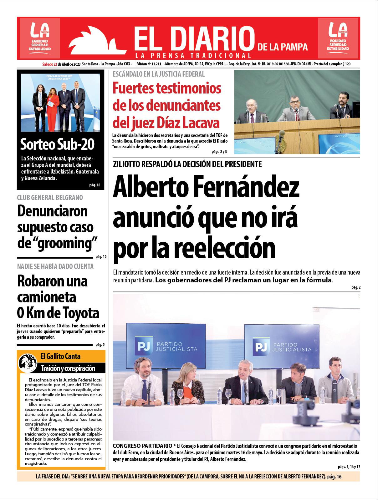Tapa de El Diario en papel sábado 22 de abril de 2023 :: El Diario de ...