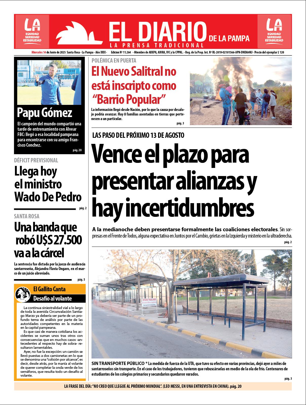 Tapa De El Diario En Papel Miércoles 14 De Junio De 2023 El Diario