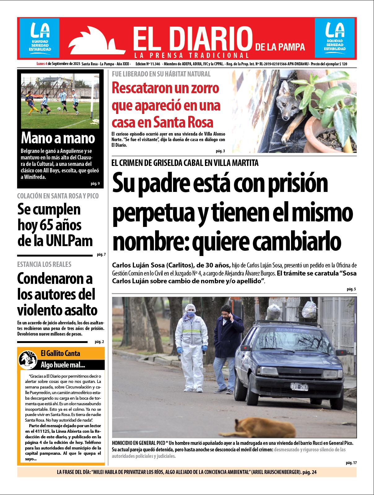 Tapa de El Diario en papel lunes 04 de septiembre de 2023 :: El Diario ...