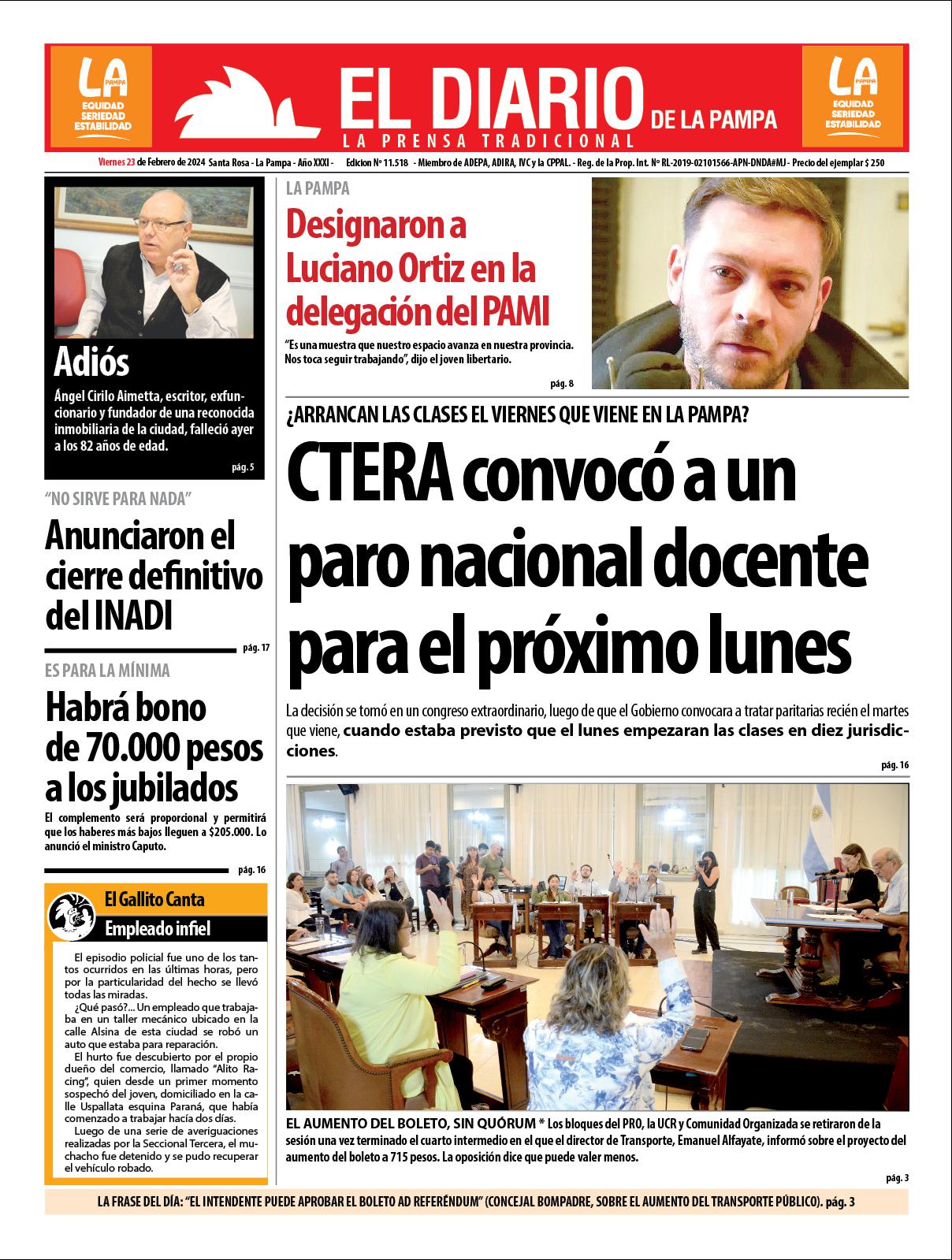 Tapa de El Diario en papel viernes 23 de febrero de 2024 :: El Diario ...