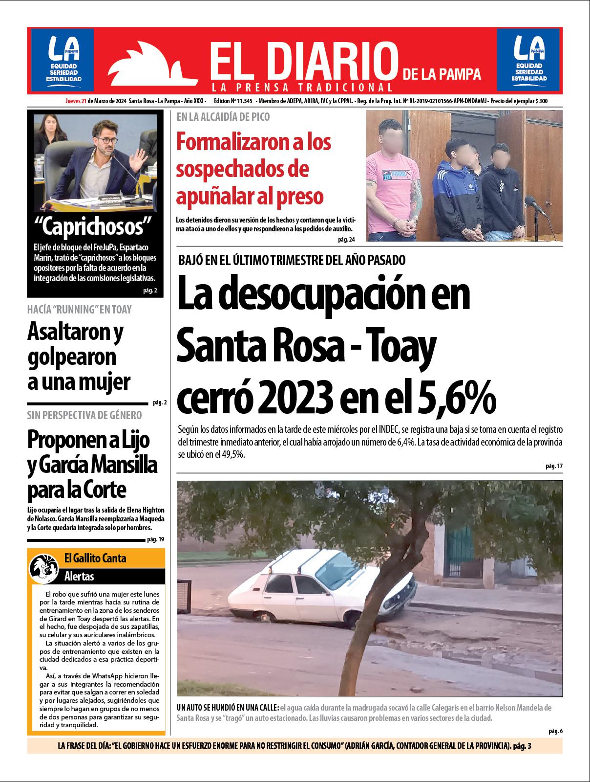 Tapa de El Diario en papel jueves 21 de marzo de 2024 :: El Diario de La Pampa