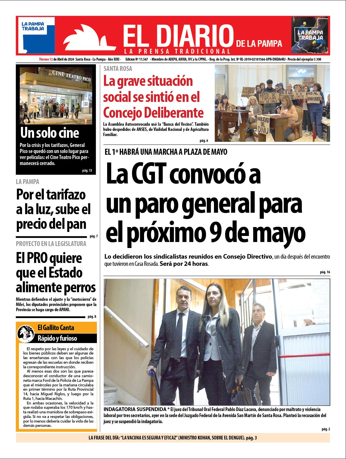 Tapa de El Diario en papel viernes 12 de abril de 2024 :: El Diario de ...