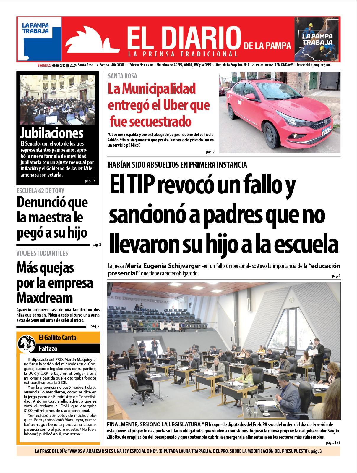 Tapa de El Diario en papel viernes 23 de agosto de 2024 :: El Diario de ...