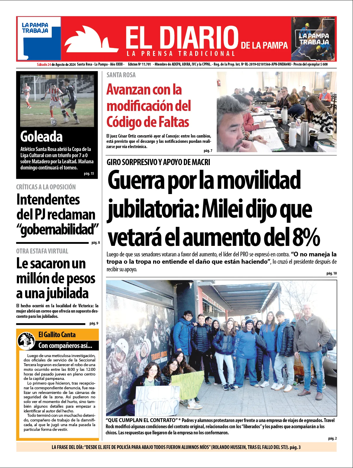 Tapa de El Diario en papel sábado 24 de agosto de 2024 :: El Diario de ...