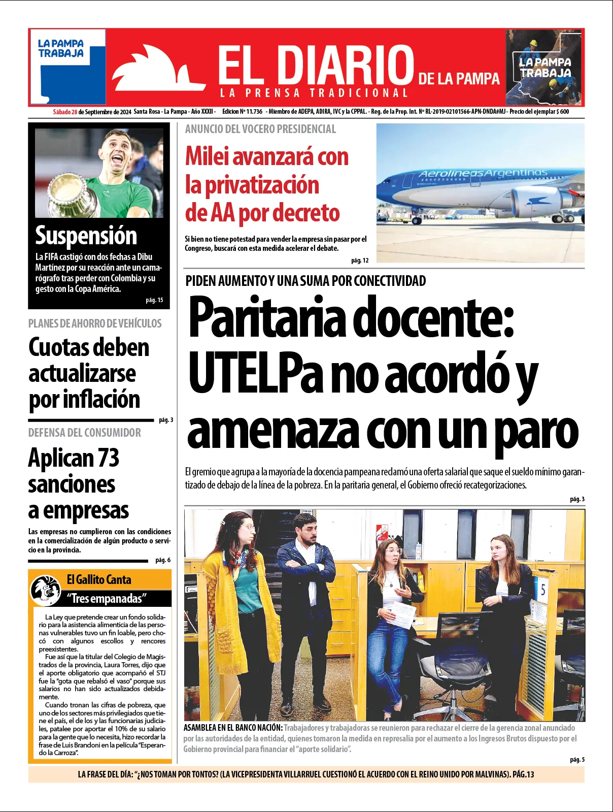 Tapa de El Diario en papel sábado 28 de septiembre de 2024 :: El Diario ...
