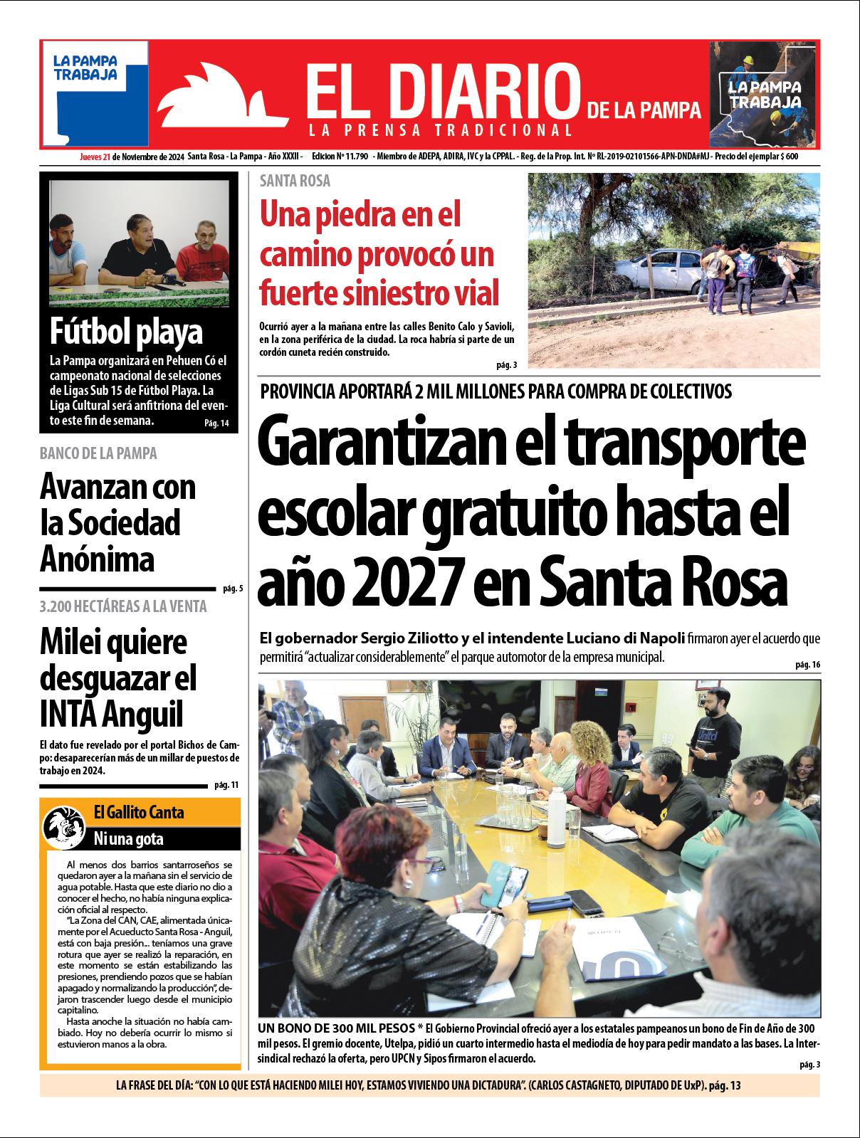 Tapa de El Diario en papel jueves 21 de noviembre de 2024 :: El Diario de La Pampa