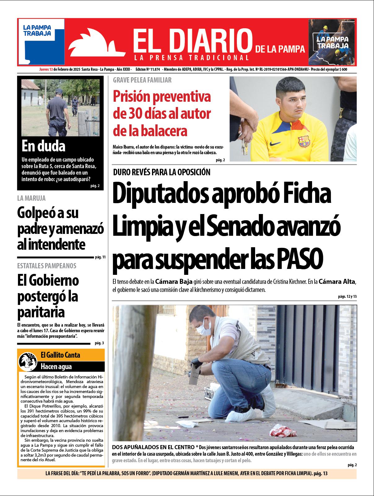 Tapa de El Diario en papel jueves 13 de febrero de 2025 :: El Diario de ...
