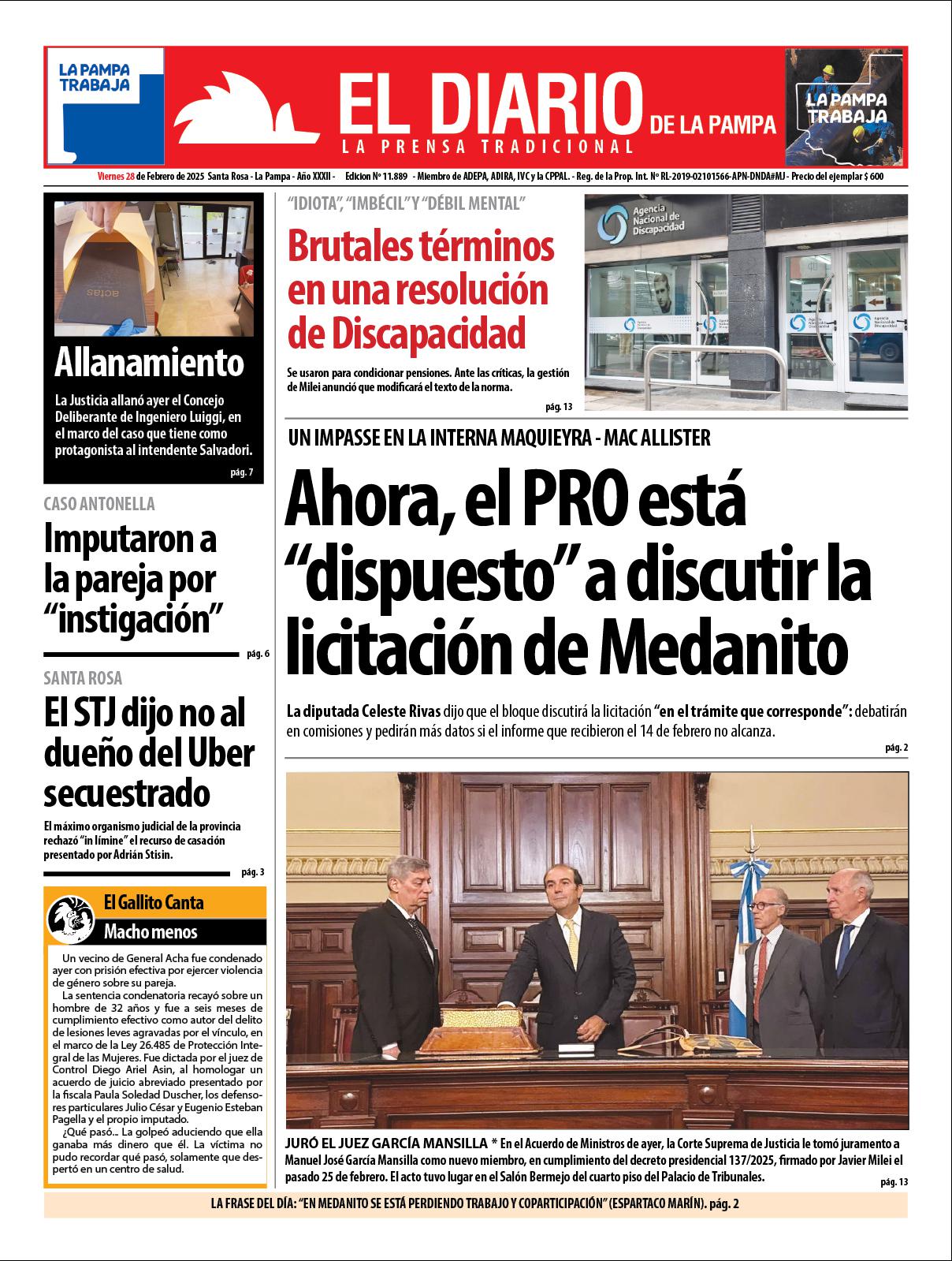 Tapa de El Diario en papel viernes 28 de febrero de 2025 :: El Diario ...
