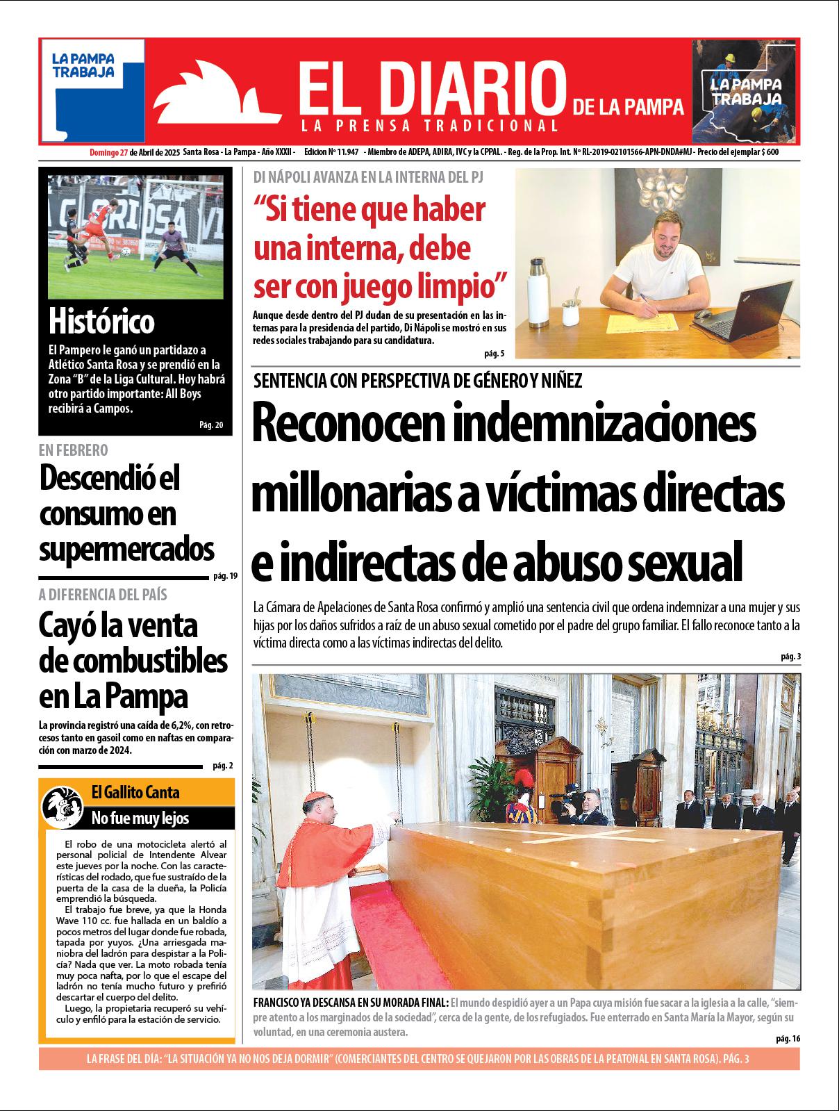 Tapa de El Diario en papel domingo 27 de abril de 2025 :: El Diario de ...